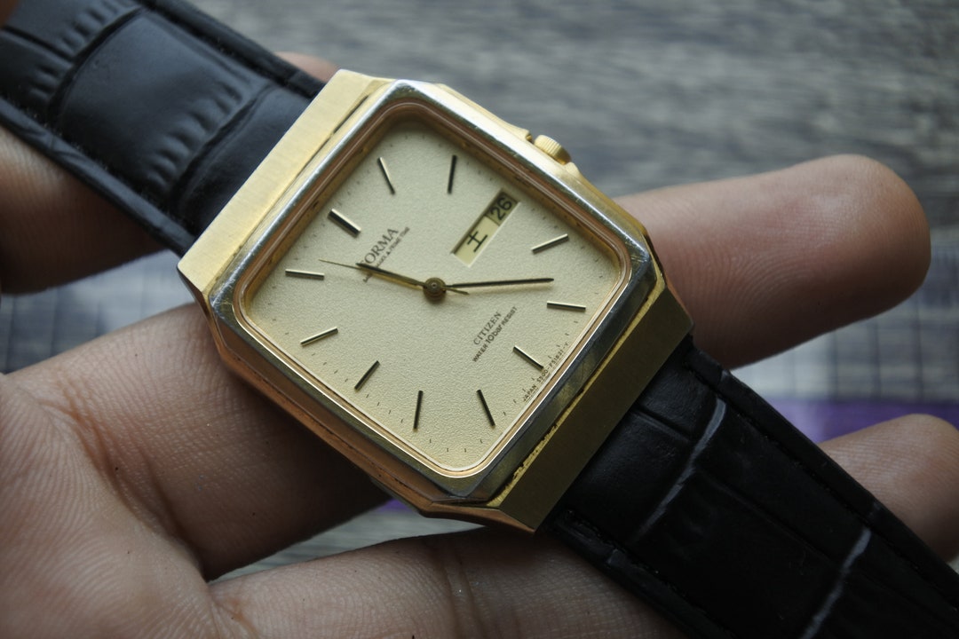 Vintage Citizen Forma Square Tank Shape Golden Dial Men Gold Plated ...