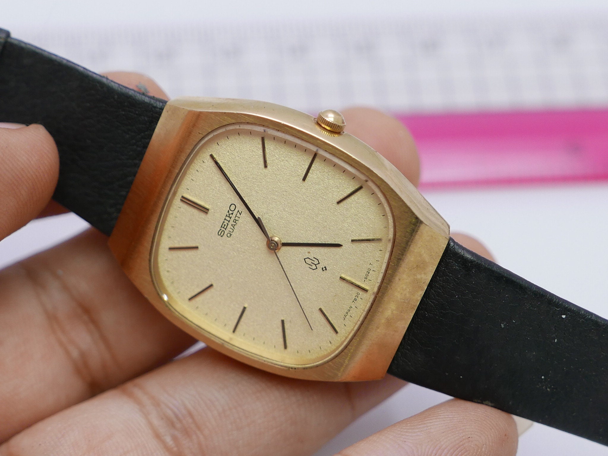 Vintage Seiko Gold Plated 7830 5020 Textured Dial Men Quartz Watch Japan Square Cushion Shape ...