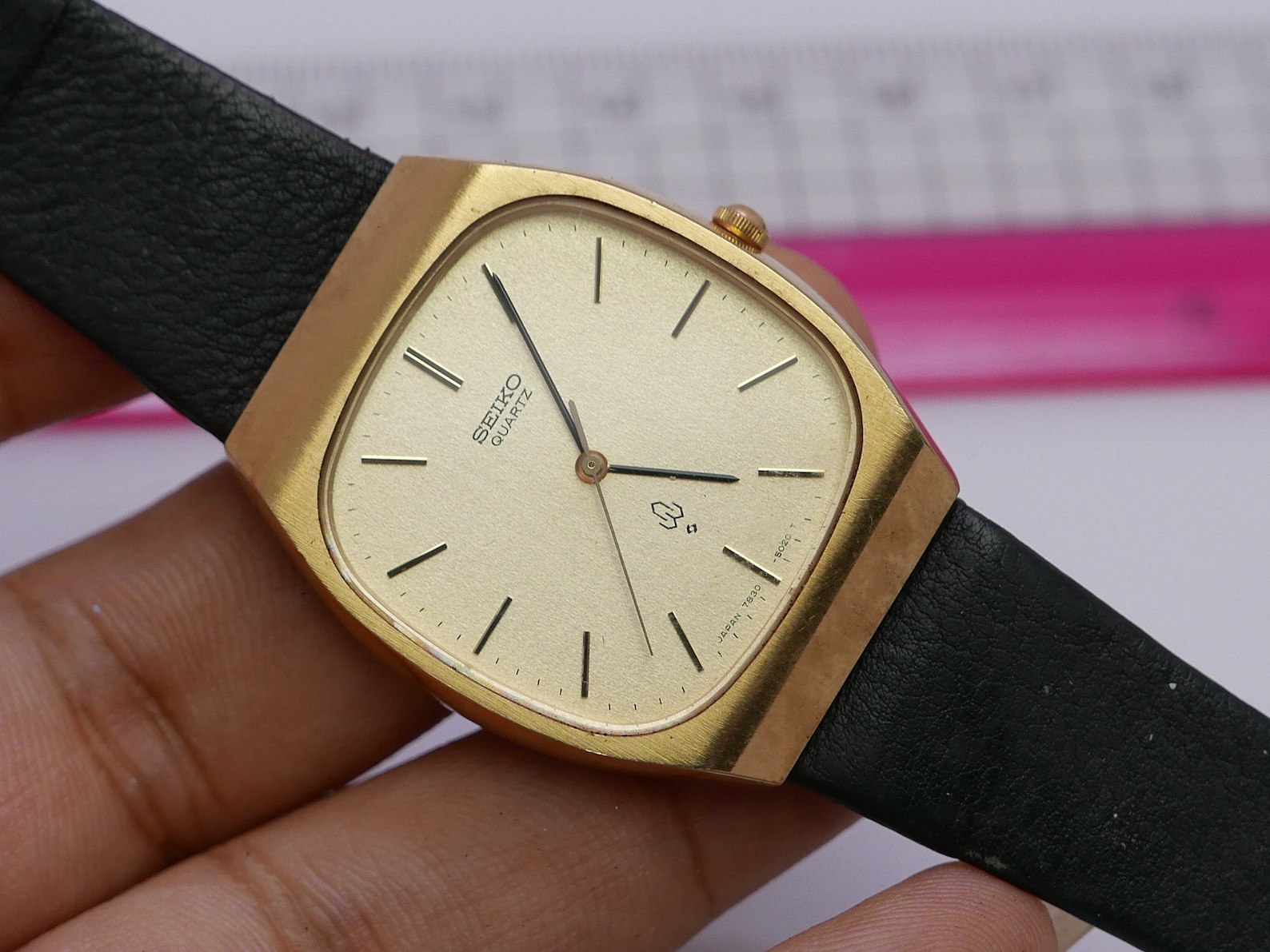 Vintage Seiko Gold Plated 7830 5020 Textured Dial Men Quartz Watch Japan Square Cushion Shape ...