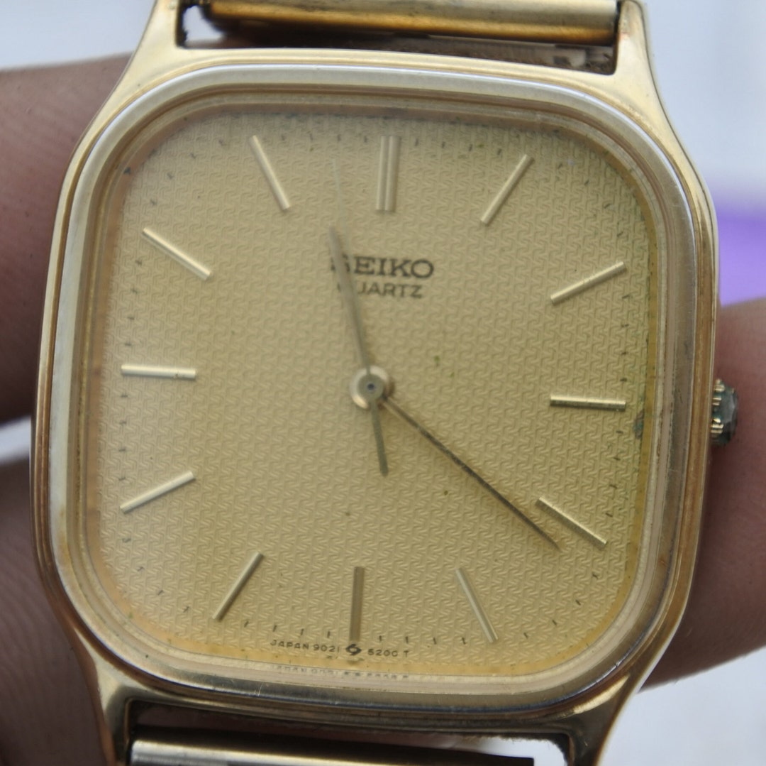Vintage Seiko Gold Plated 9021 5390 Textured Dial Men Quartz Wristwatch Japan Cushion Shape 31mm ...
