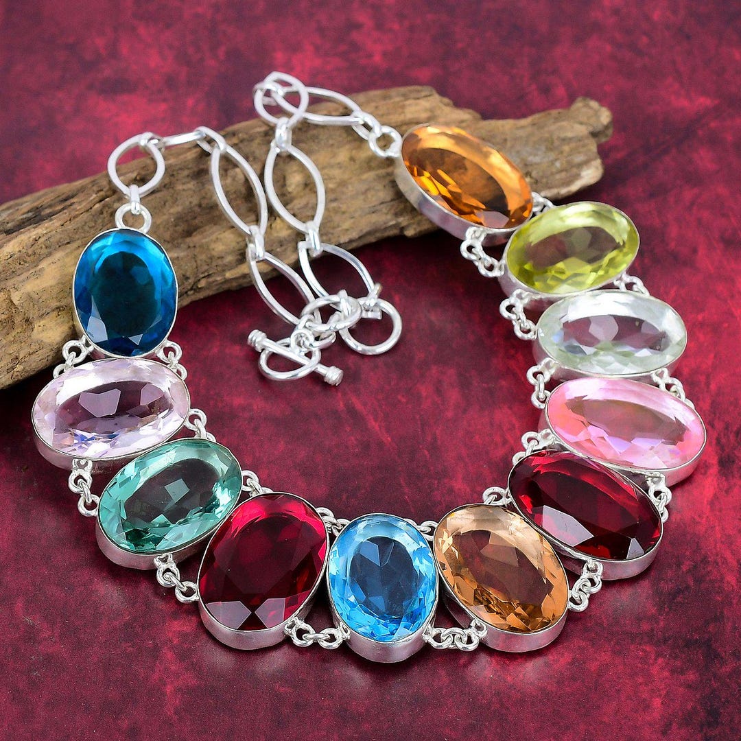 Multi Color Gemstone Necklace, 925 Sterling Silver Jewelry, Gemstone ...