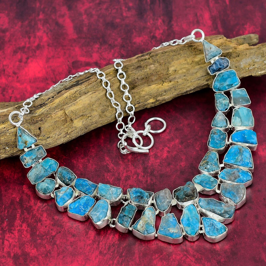 Rough Neon Apatite Necklace, 925 Sterling Silver Neon Apatite Gemstone ...