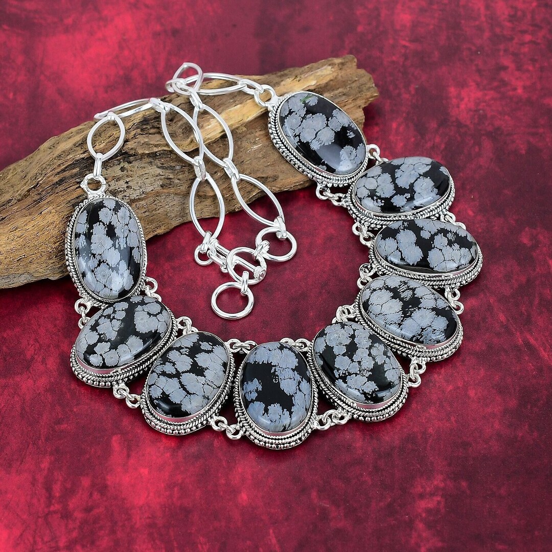 Snowflake Obsidian Necklace, 925 Sterling Silver Jewelry Gemstone ...