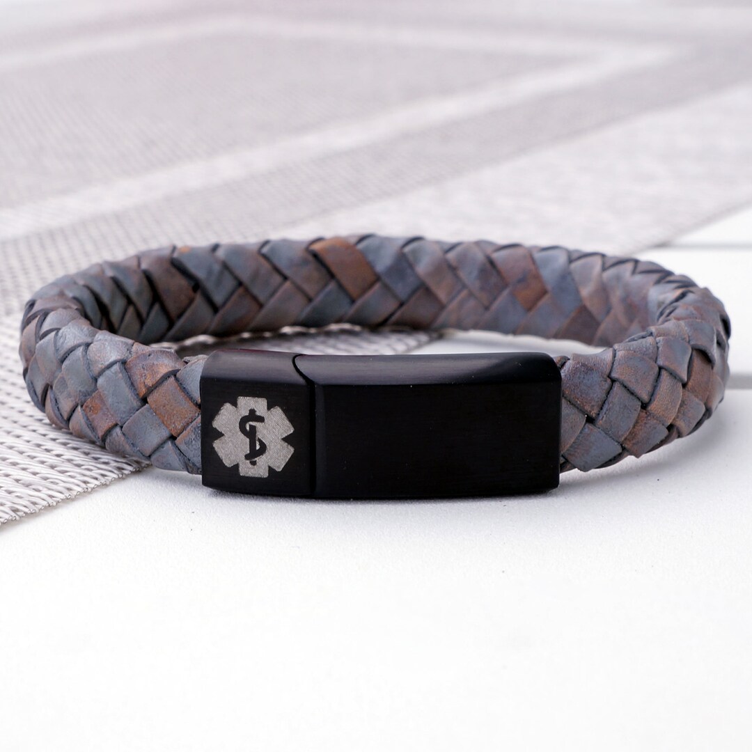 Medical Alert Leather Bracelet Personalized Engraved ID Emergency ...