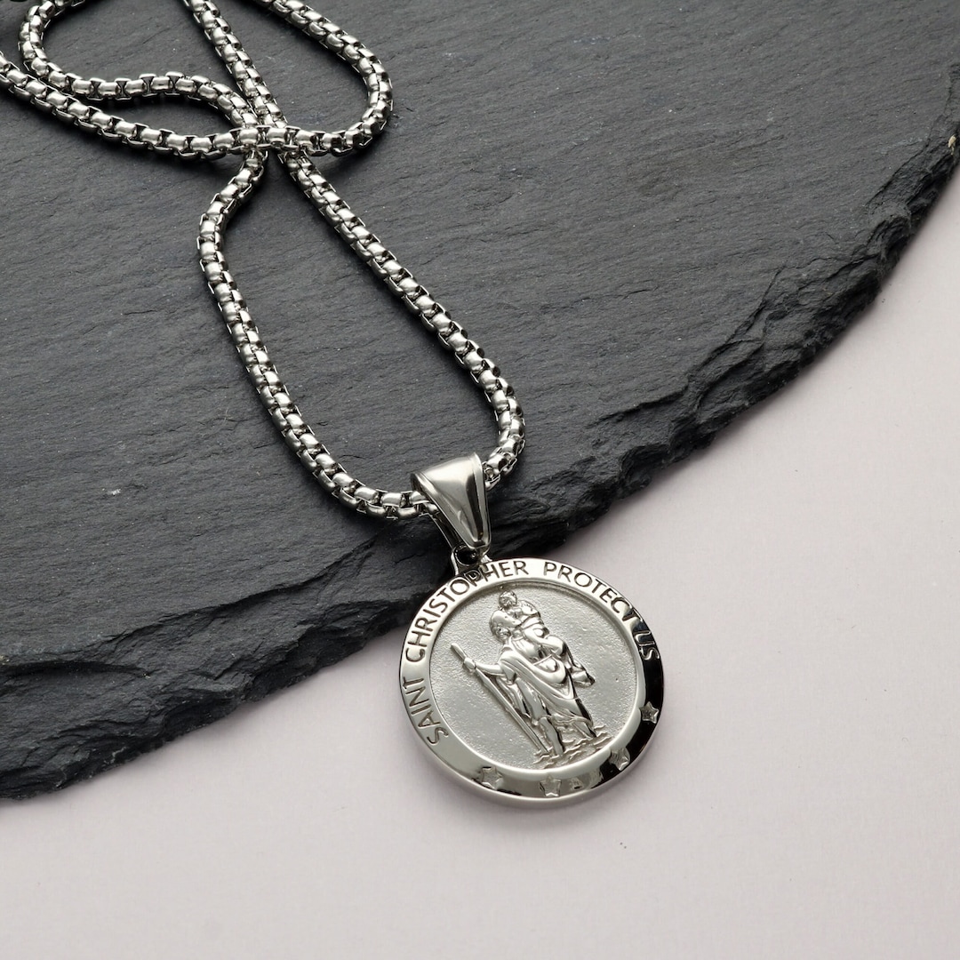 Personalised St Christopher Necklace, Engraved Silver Stainless Steel ...