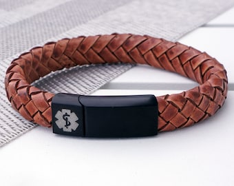 Brown Medical Alert ID SOS Bracelet With Soft Waterproof Leather ...