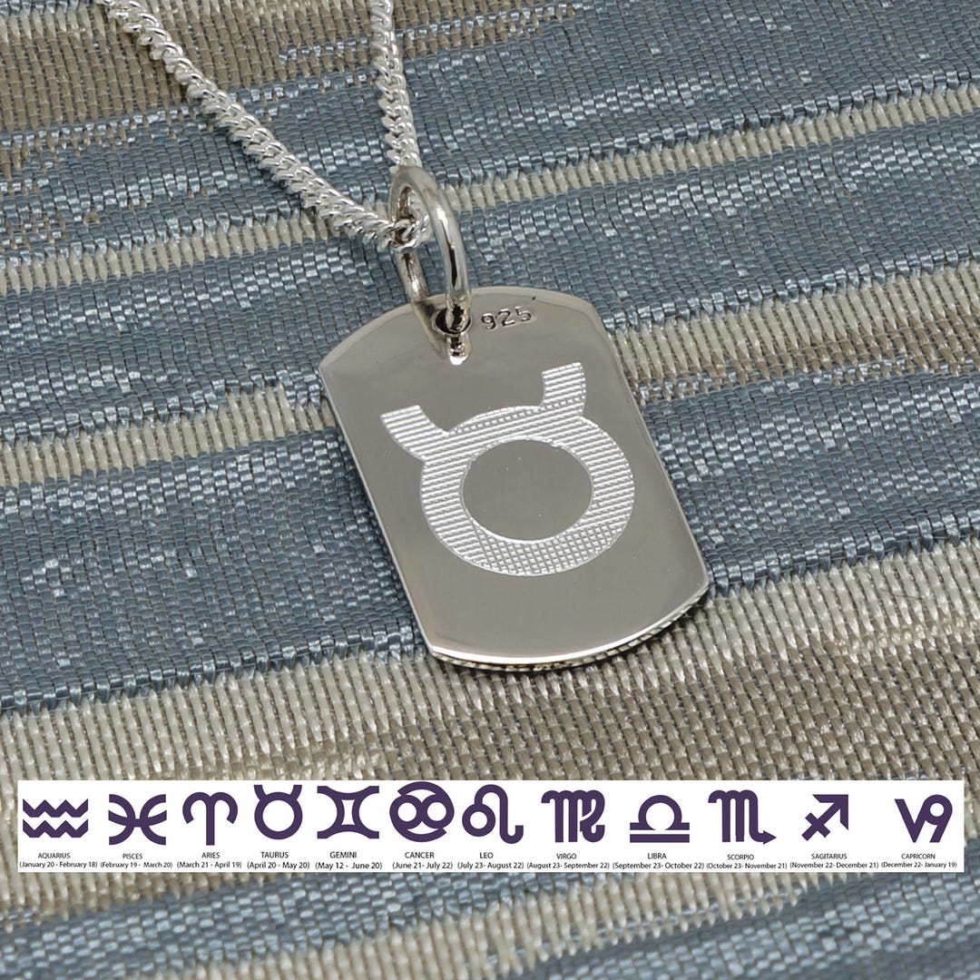 Zodiac Necklace, Sterling Silver Dog Tag, Diamond Cut Curb Chain ...