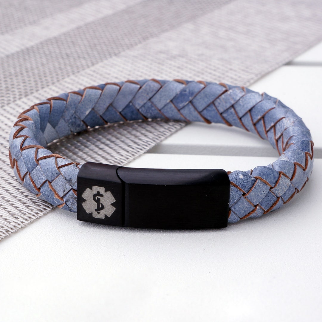 Customisable Sky Blue Medical Alert ID Leather Bracelet With Free Front ...