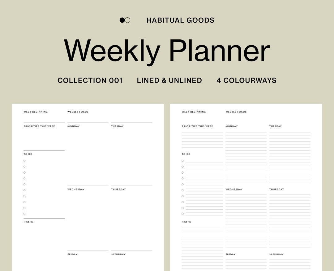 Weekly Planner, Printable Minimal to Do List, Lined and Unlined Blank ...