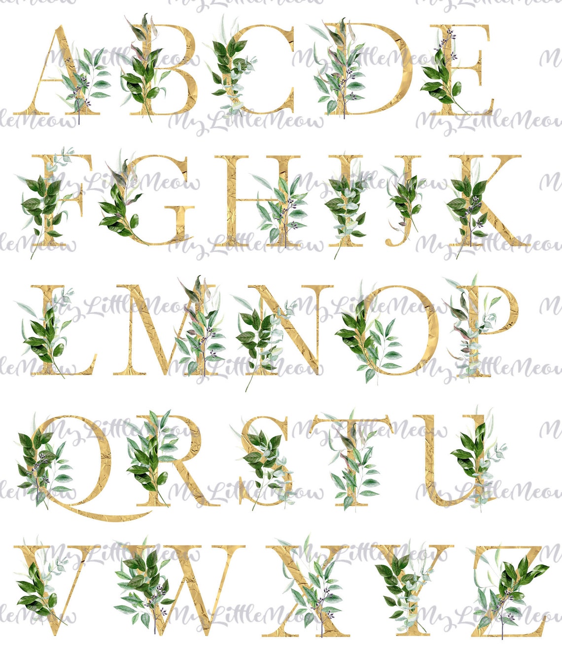 Gold alphabet greenery letter clip art watercolor floral | Etsy