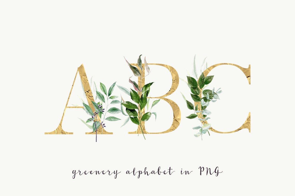 Gold alphabet greenery letter clip art watercolor floral | Etsy
