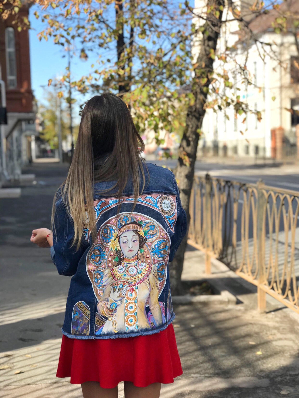 Hand painted custom denim jacket Alfons Mucha Please read | Etsy