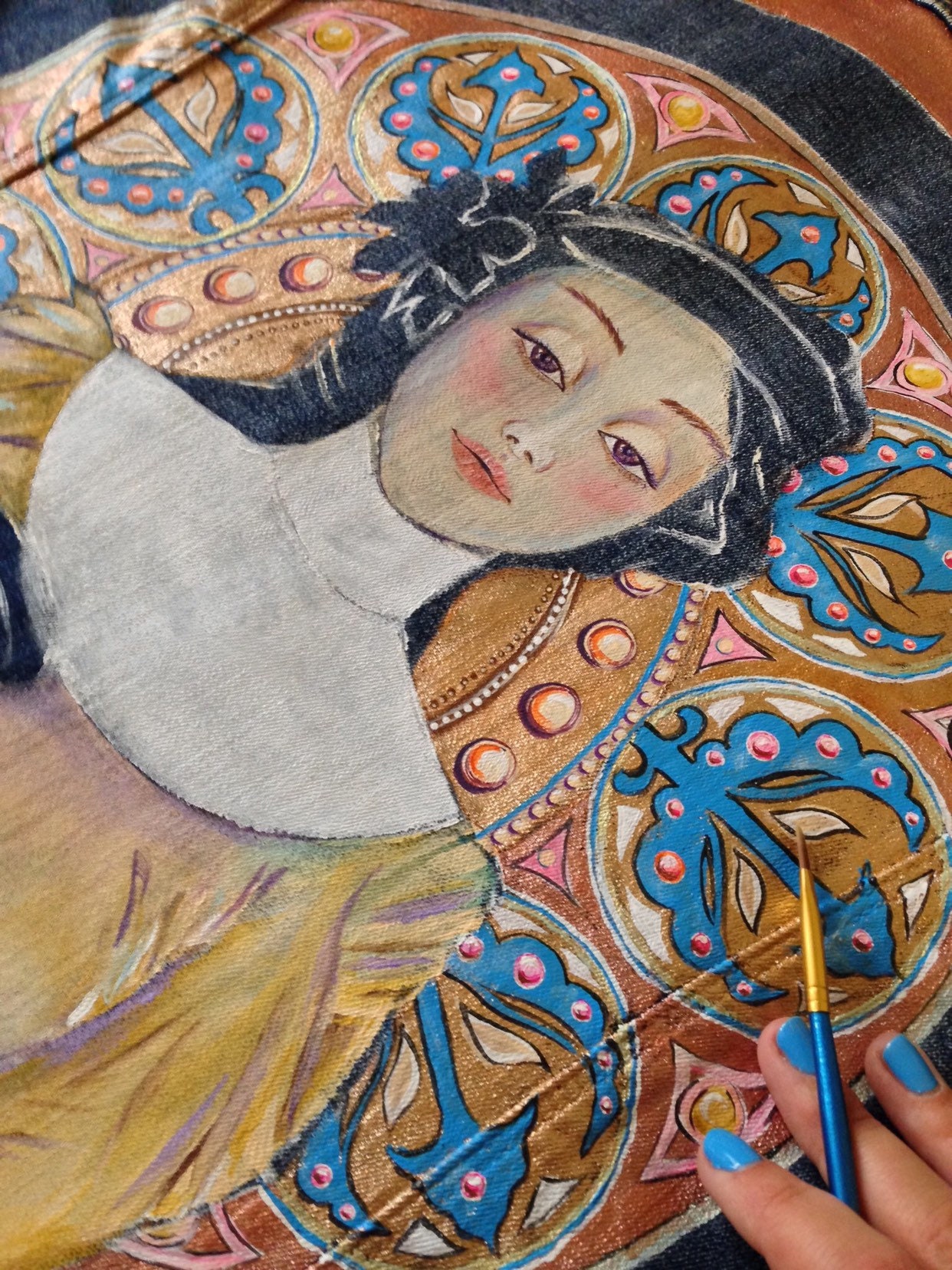 Hand painted custom denim jacket Alfons Mucha Please read | Etsy