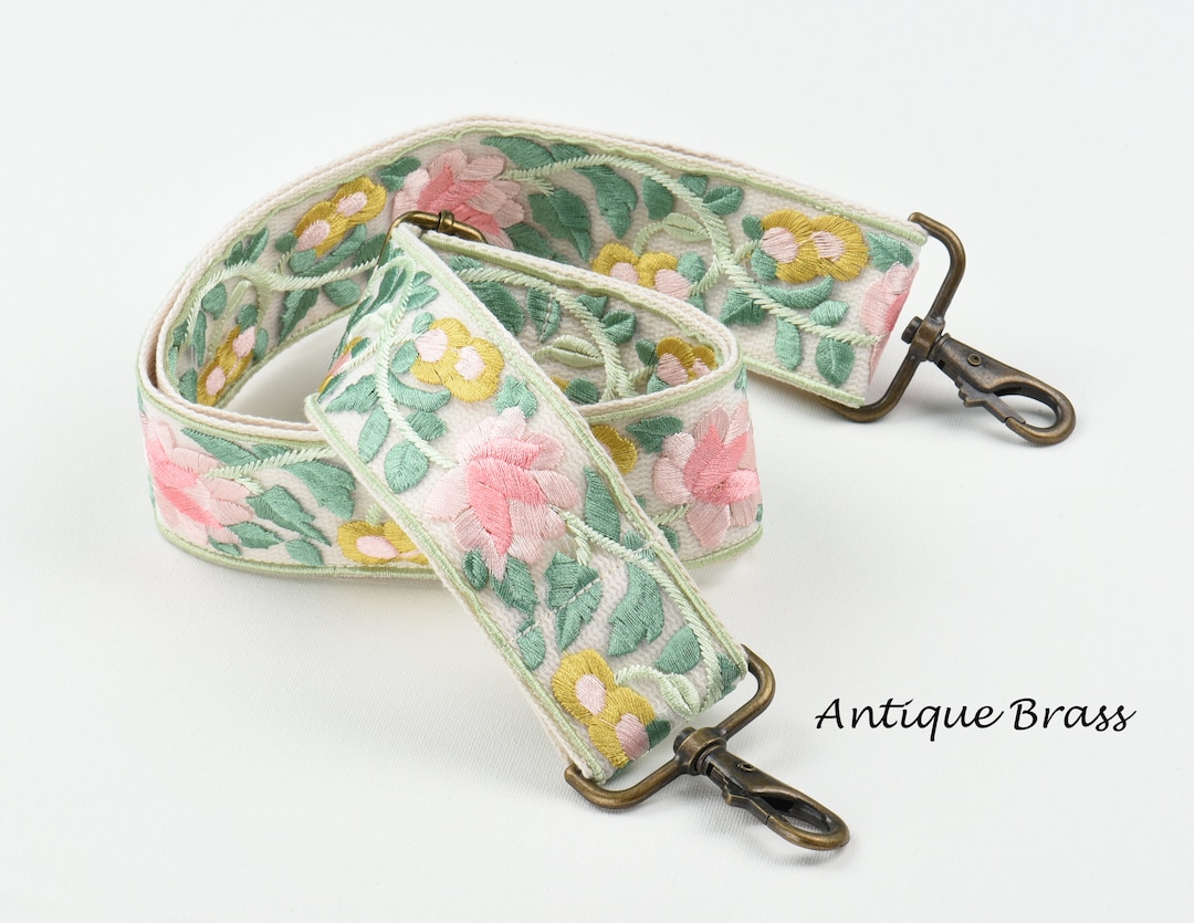 Green Pink Flower Embroidery Bag Strap Adjustable Crossbody Purse Strap ...