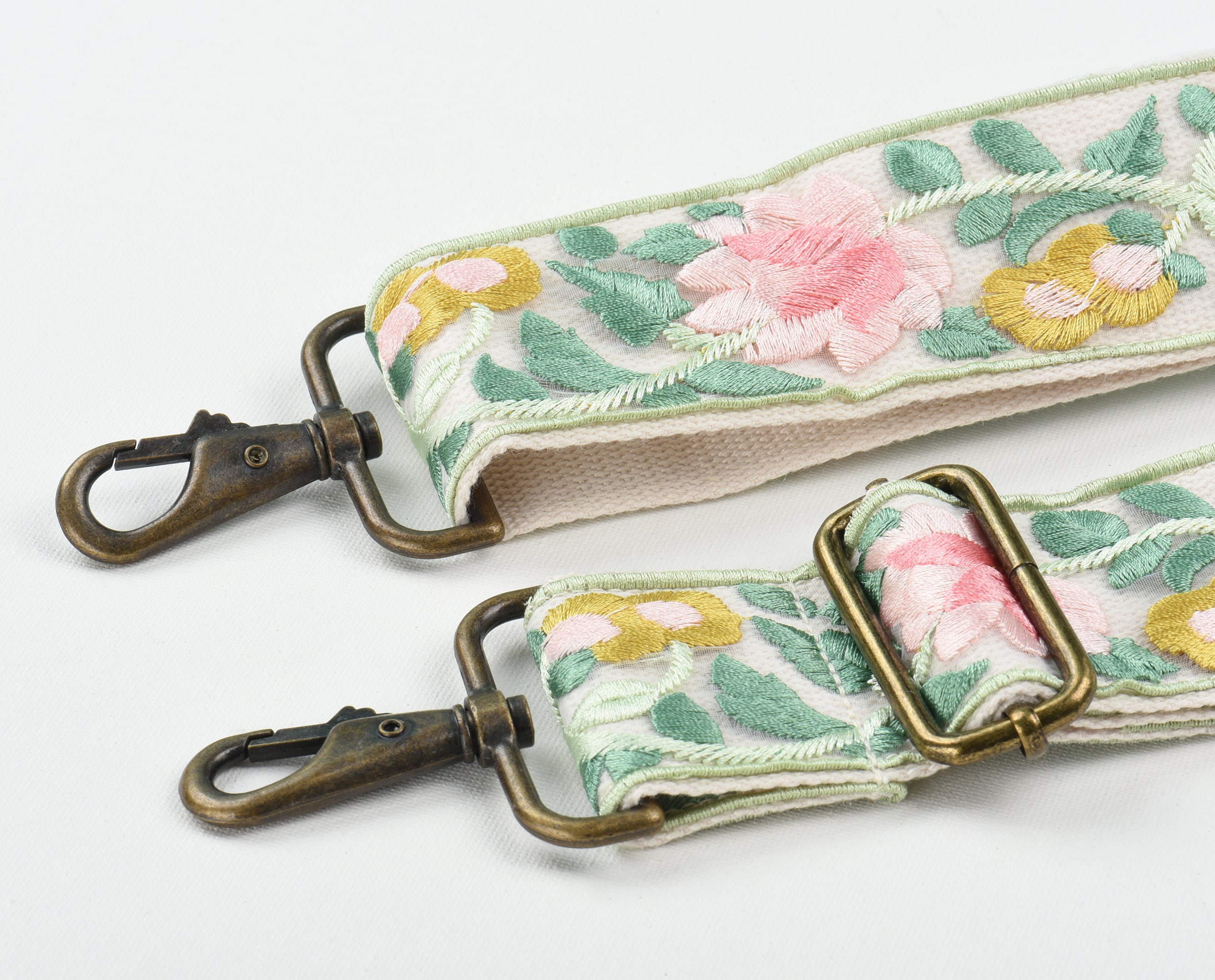 Green Pink Flower Embroidery Bag Strap Adjustable Crossbody Purse Strap ...