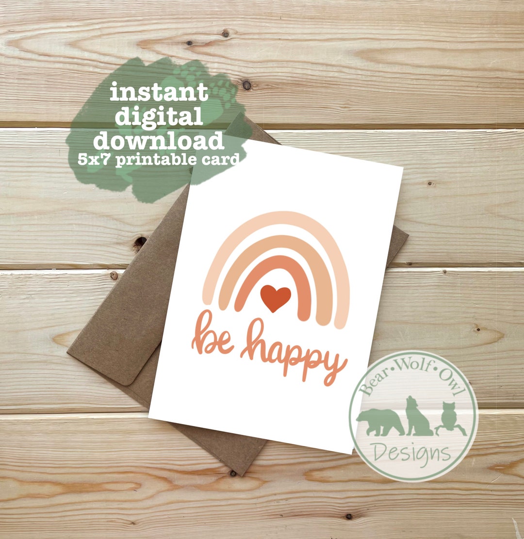Be Happy Boho Rainbow Card | Instant Digital Download | Printable ...