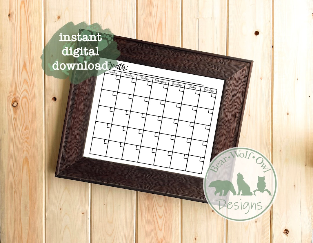 Blank Monthly Calendar - Printable, Landscape, Calendar Template, Desk ...