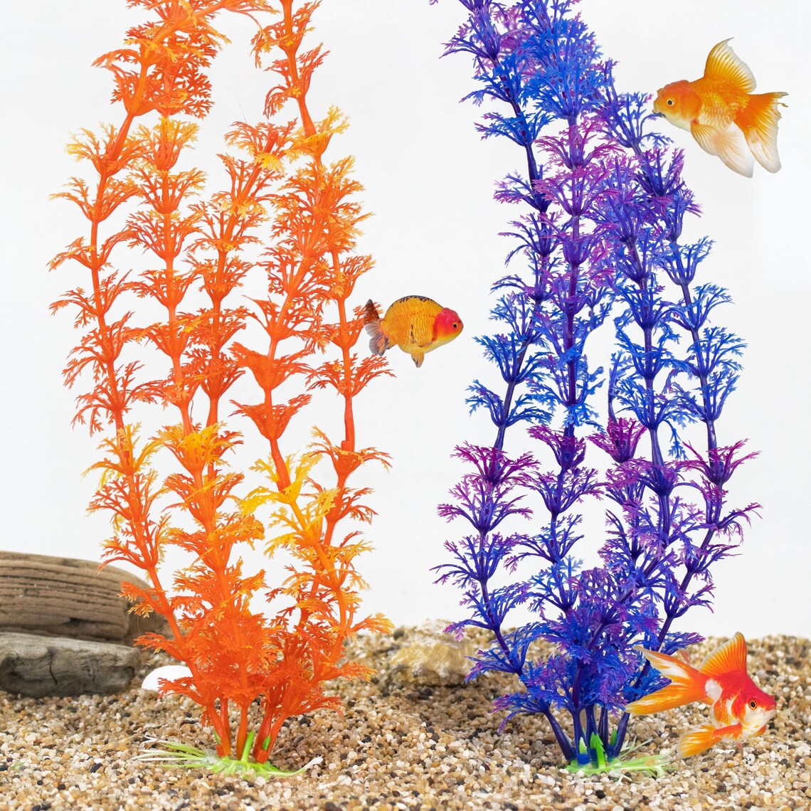 Set of 2 Large Faux Fern Aquarium Plants - 12 Inch Tall Orange and ...