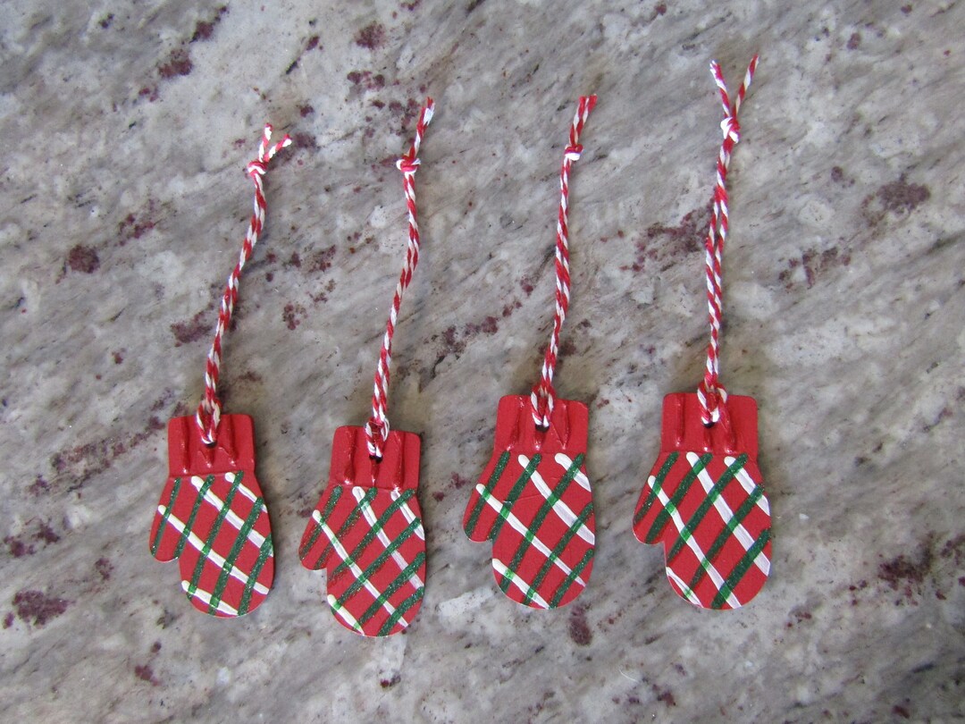 Hand Painted Red Mittens With Green and White Stipes Gift Tags ...