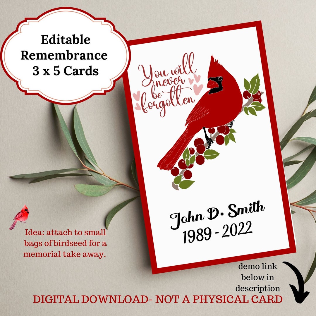 Editable Printable Cardinal Memorial Remembrance Card, 3x5 Instant ...