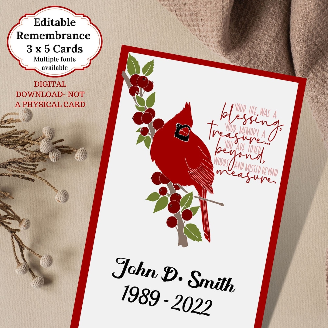 Editable Printable Cardinal Memorial Remembrance Card, 3x5 Instant ...