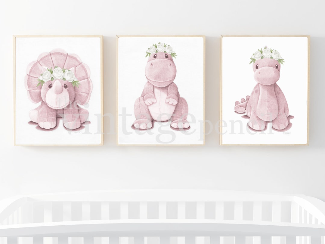 Pink Dinosaurs, Blush, Girls Wall Art Set, Set of Three, Girl Nursery ...