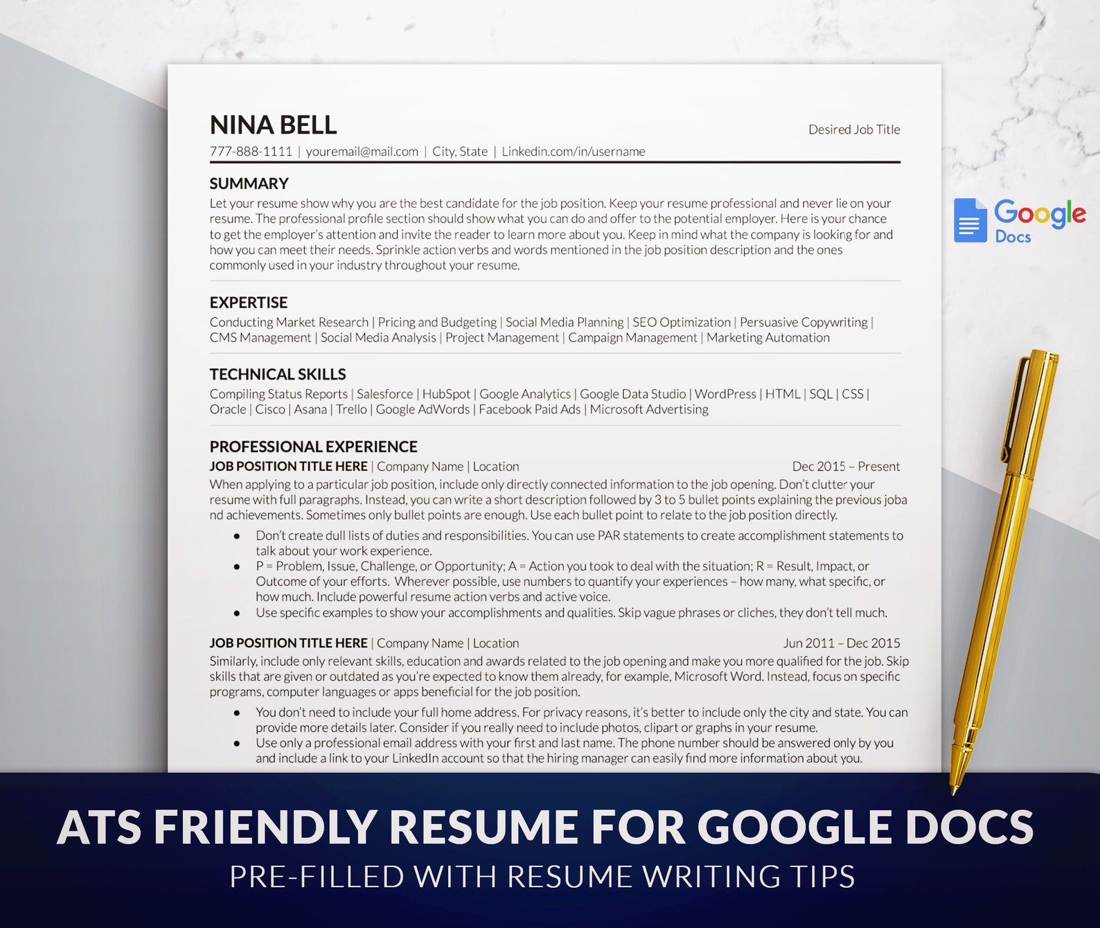 Simple Clean ATS Friendly Resume Template Google Docs, Professional ATS ...
