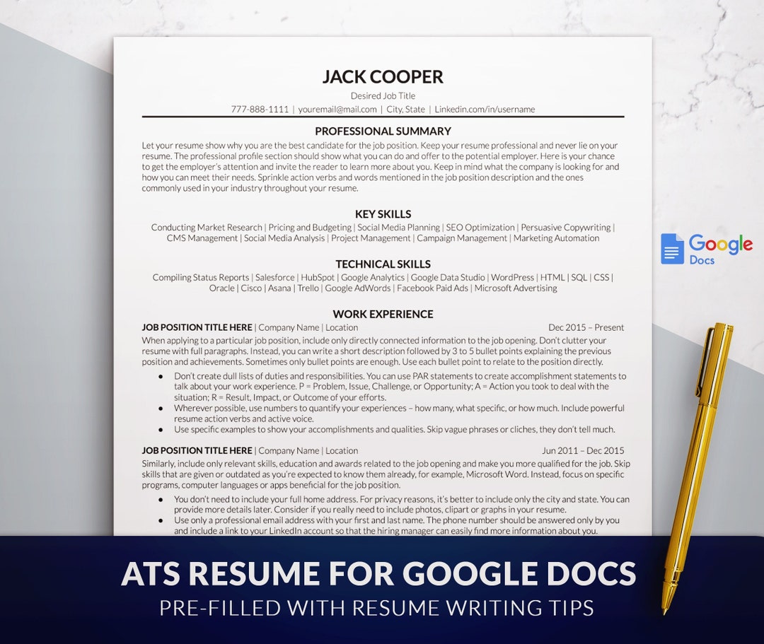 Simple Resume Template Google Docs, ATS Friendly Resume Template Word ...