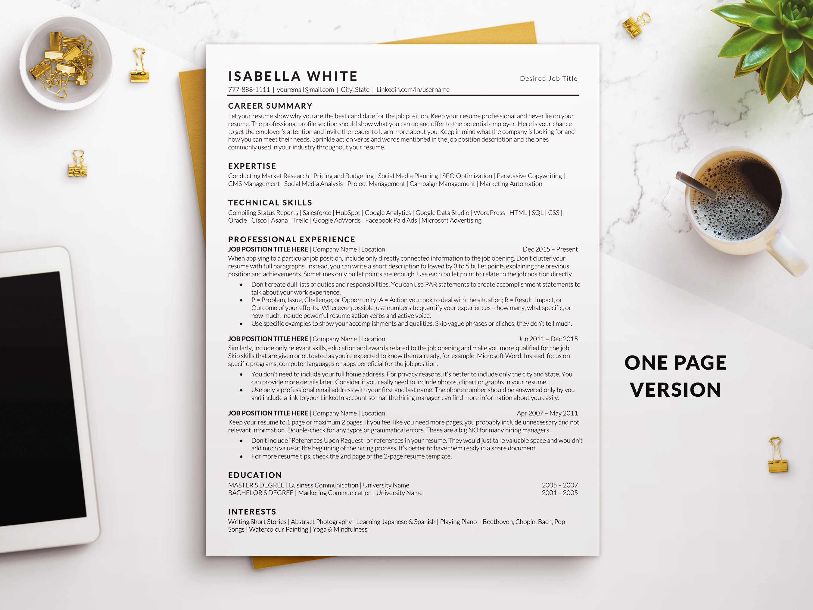 Professional 1 Page Resume Fill-in With a Matching Cover Letter, Resume ...