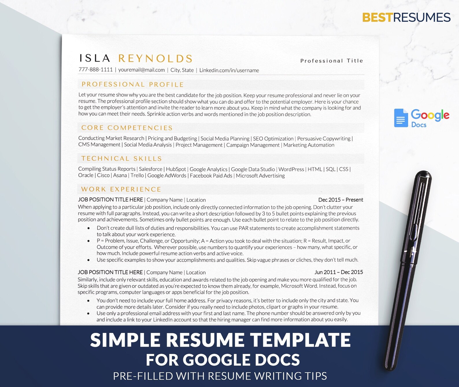 Professional Modern ATS Friendly Resume Template Google Docs, Word, Mac ...