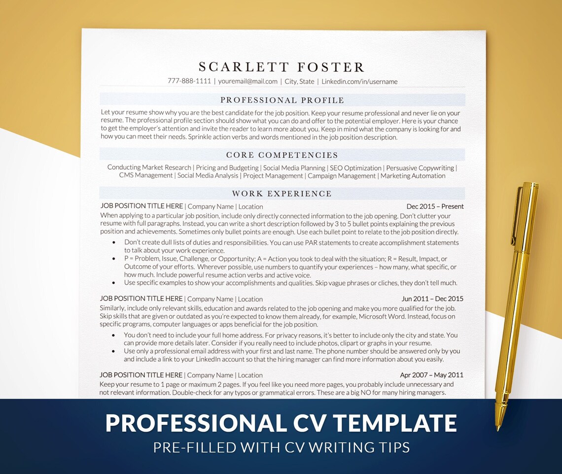 Professional CV Template for Word, Pages, Google Docs, Light Blue CV ...