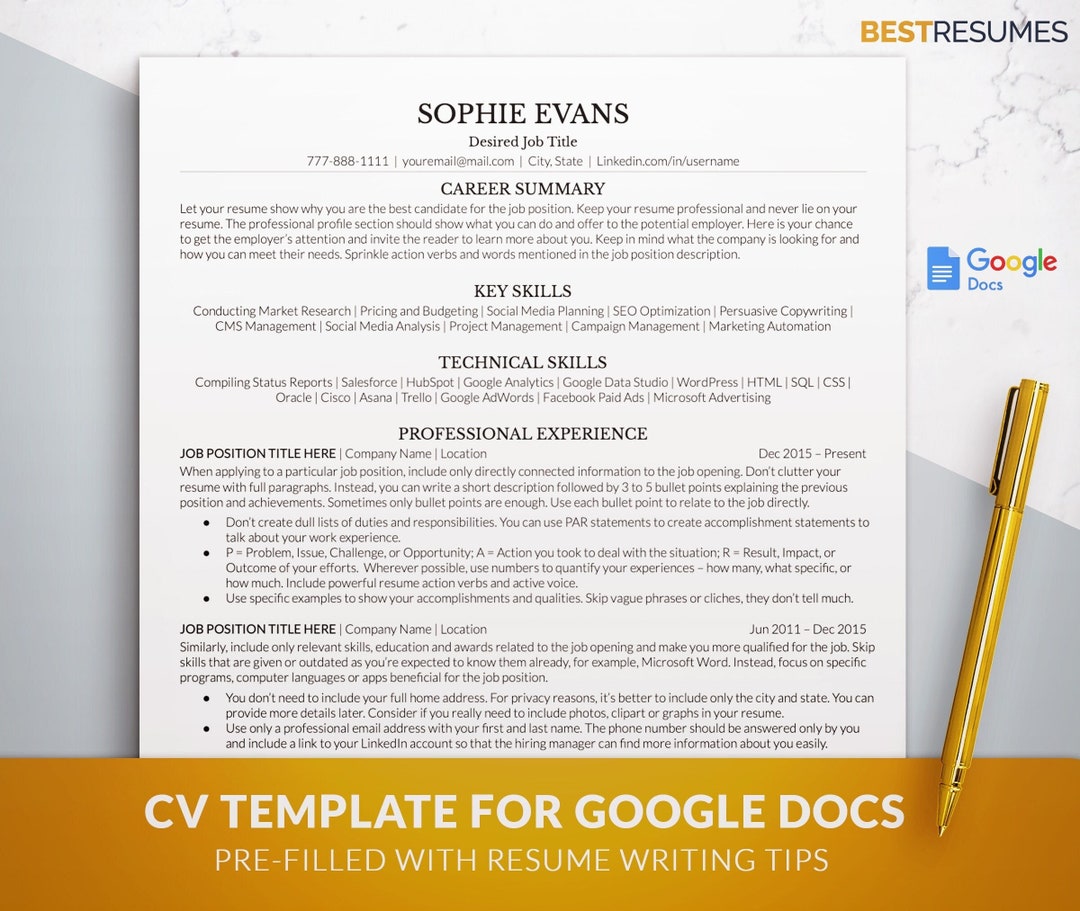 Professional ATS Friendly CV Template Google Docs, Word, Mac Pages ...