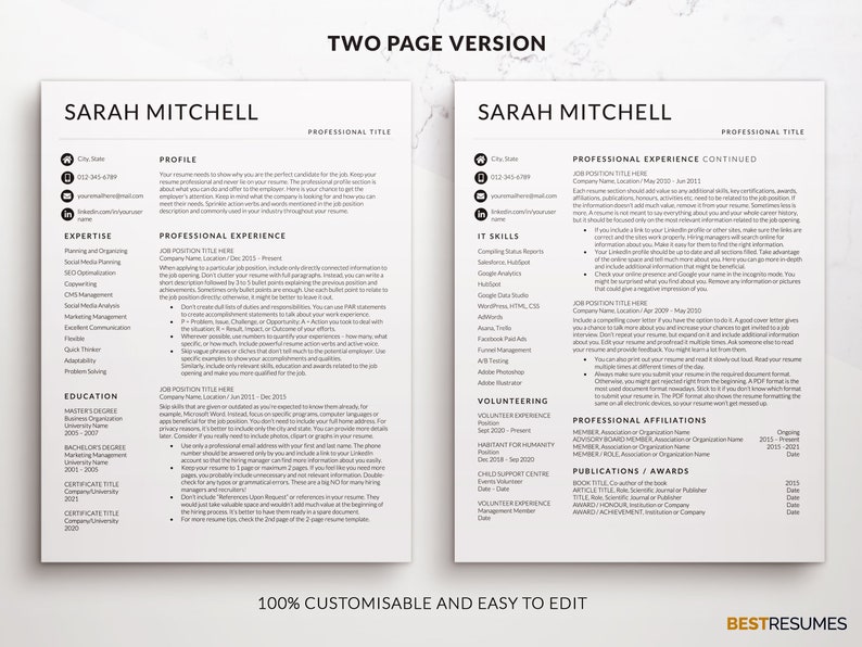 Professional Resume Template Two Column, Clean Modern Resume Template for Word, 1 Page, 2 Page ...