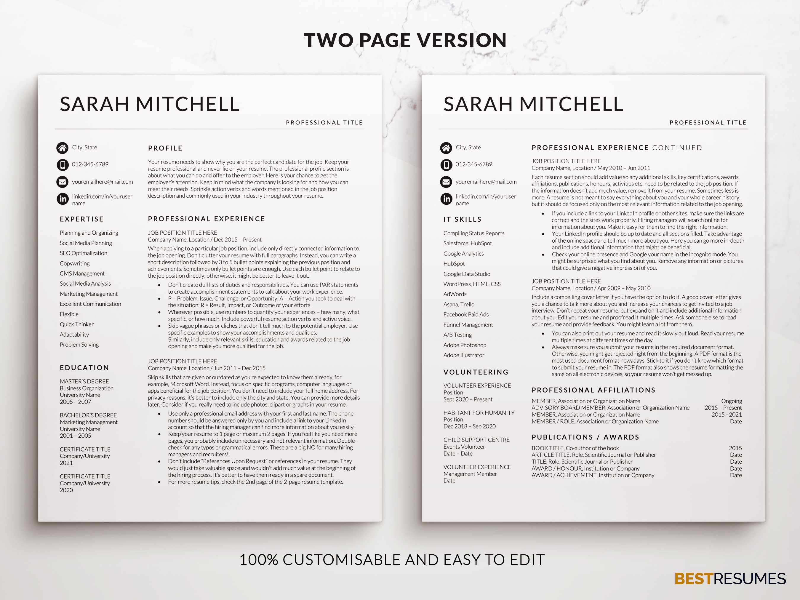 Professional Resume Template Two Column, Clean Modern Resume Template ...