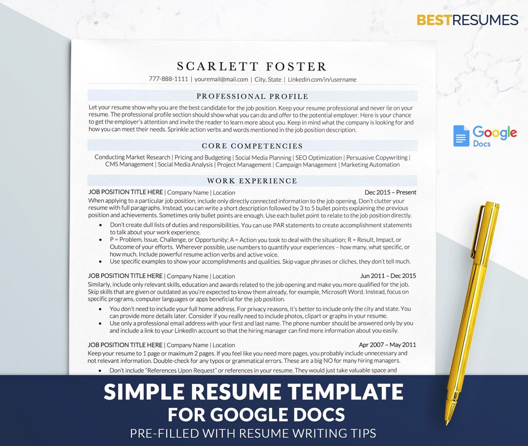 Simple ATS Friendly Resume Template for Google Docs, Word, Mac Pages ...