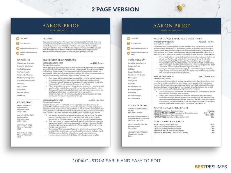Modern Professional Resume Template Word Blue and Gold, Executive ...