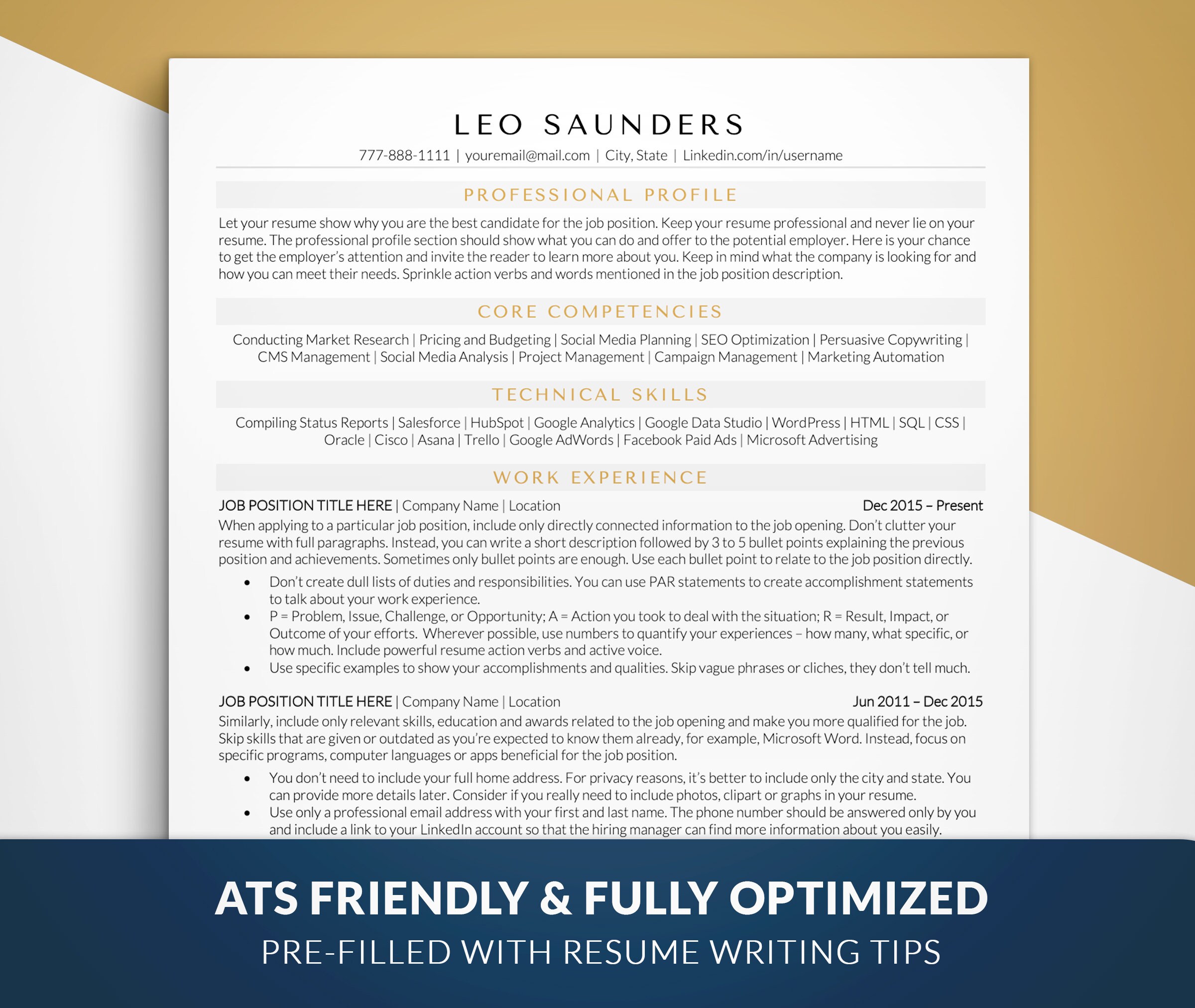 Professional ATS Resume Template Google Docs Word Mac Pages - Etsy