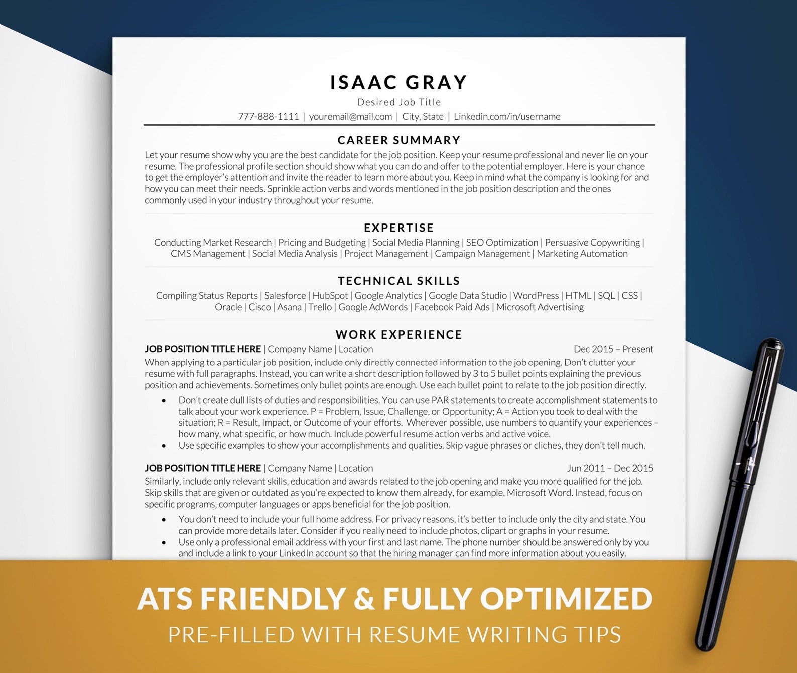 ATS Friendly Resume Template for Word, Apple Mac Pages, Google Docs ...