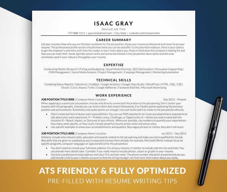 ATS Friendly Resume Template for Word, Apple Mac Pages, Google Docs ...