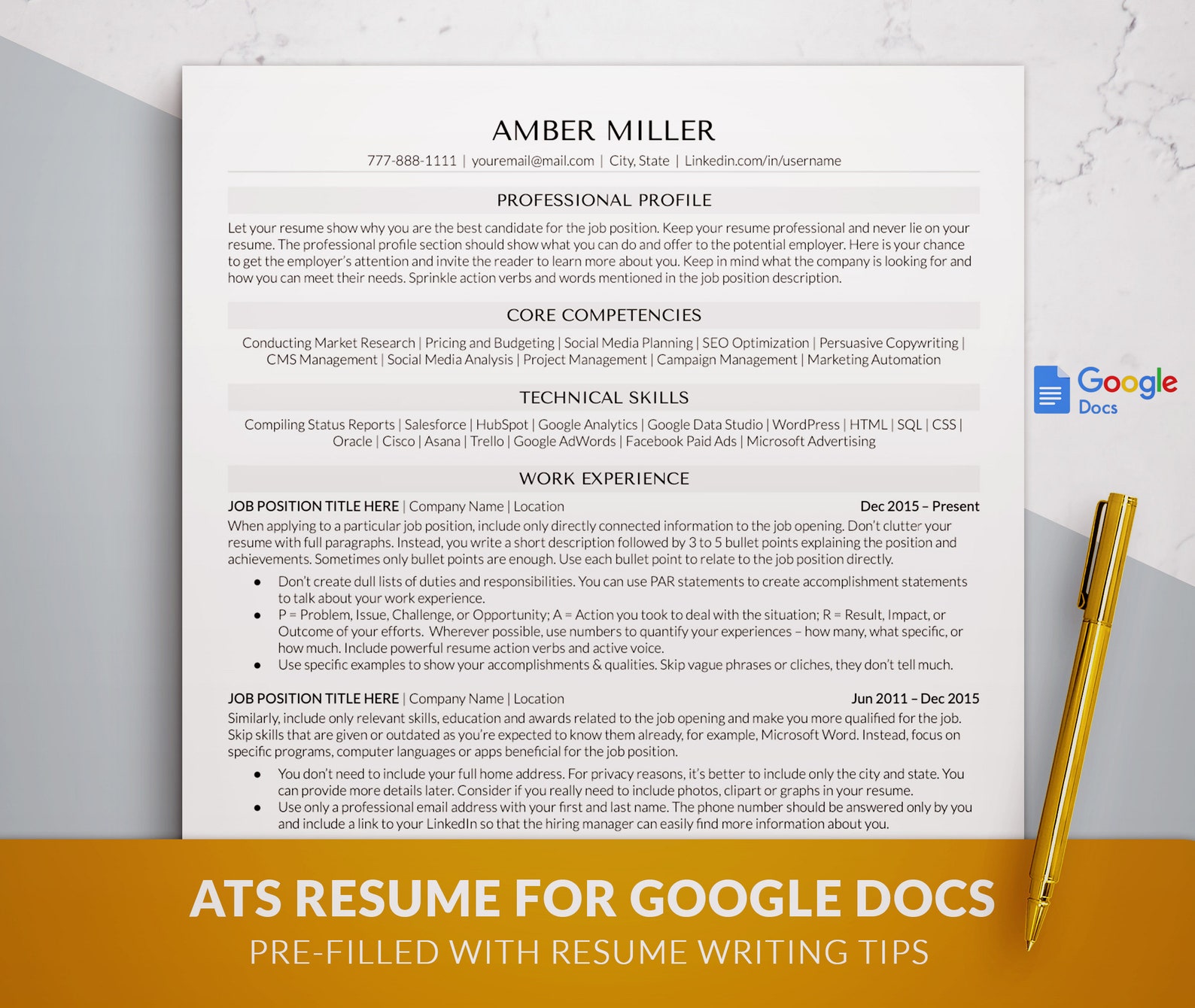 ATS Friendly Resume Template Google Docs Word Pages - Etsy