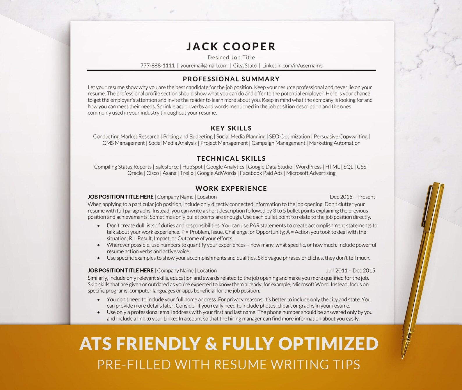 ATS Friendly Resume Template Google Doc, Word, Mac Pages, Simple ATS ...