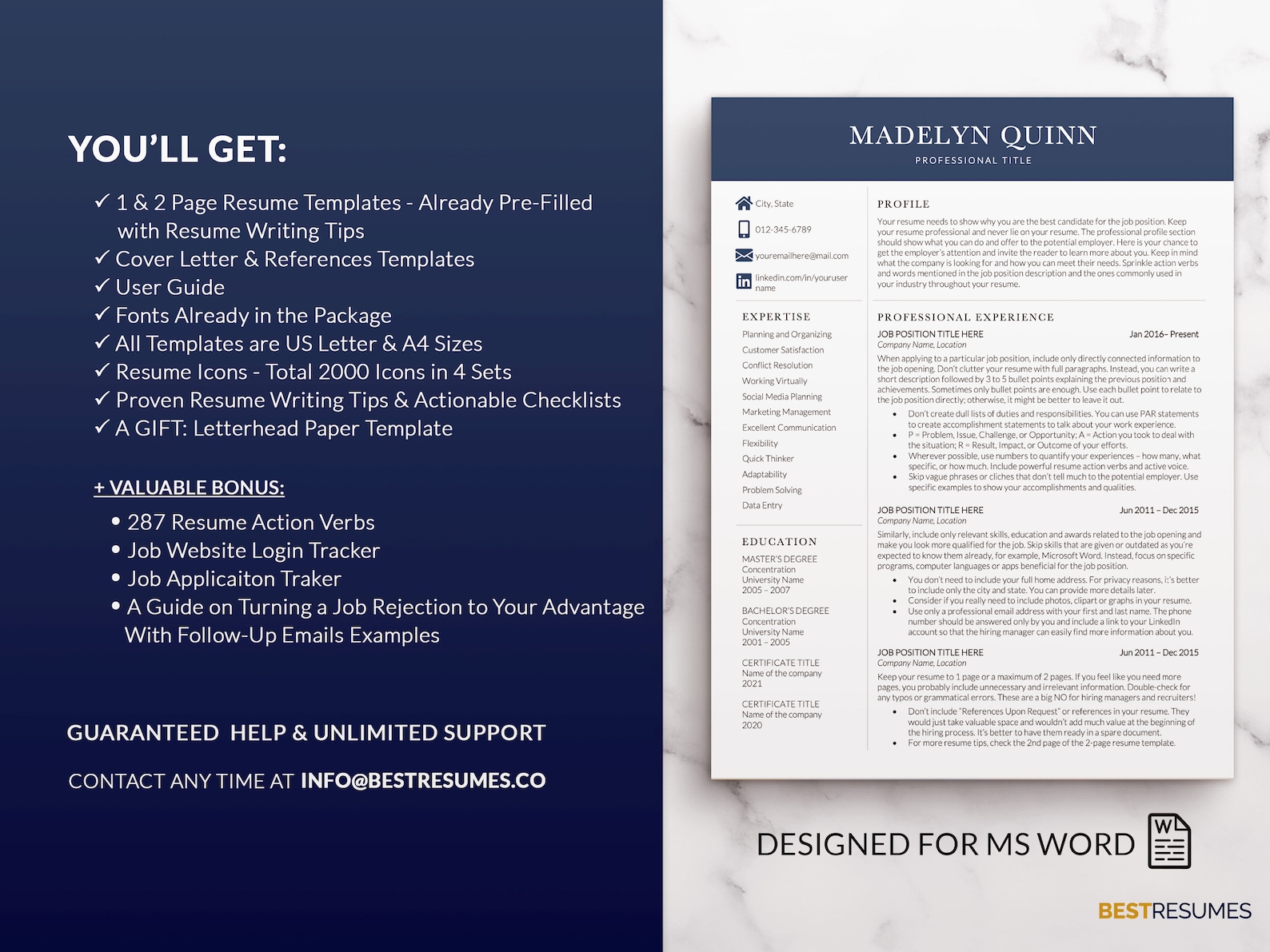 Executive Resume Template, Clean Modern Professional CV Template Word ...