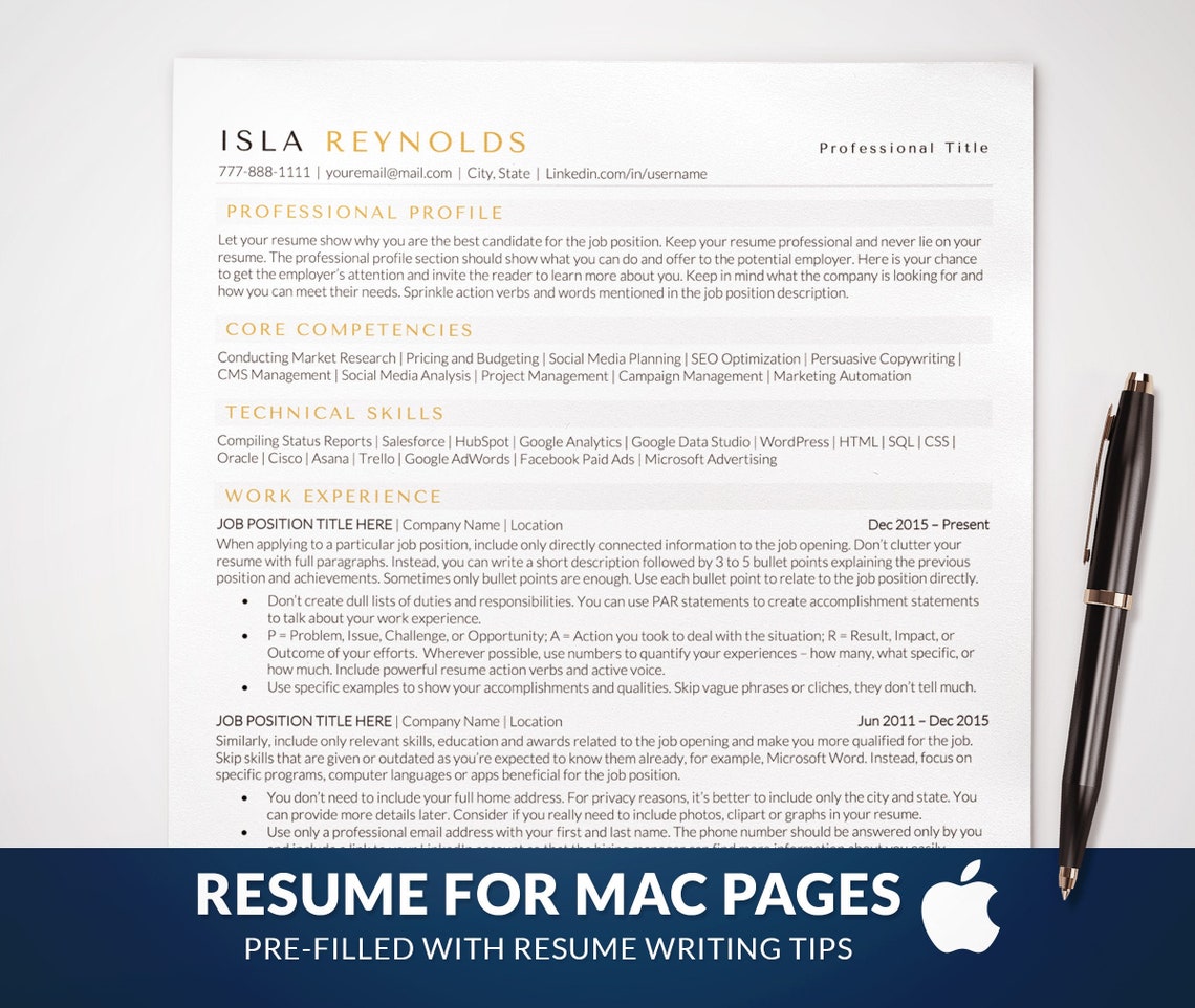 ATS Friendly Resume Template for Apple Mac Pages Professional - Etsy