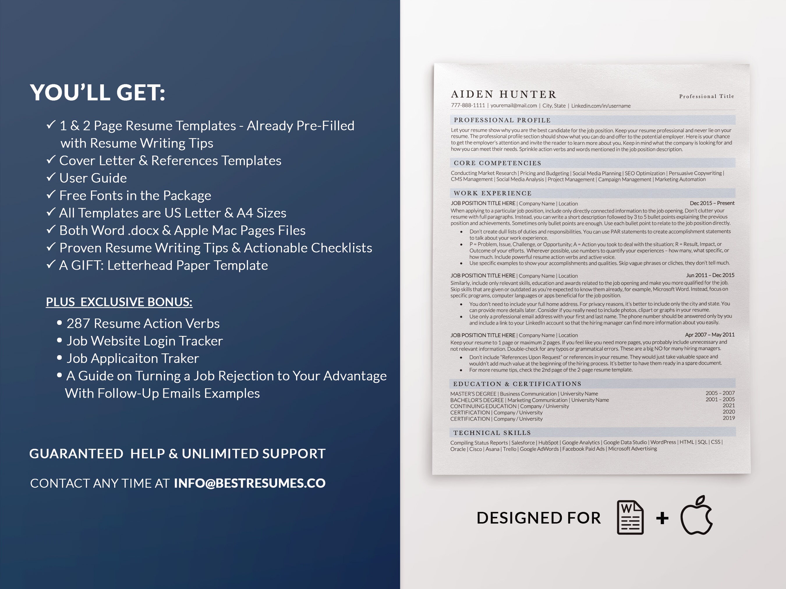 Blue Color Executive Resume Template for Mac Pages, Word, Google Docs ...