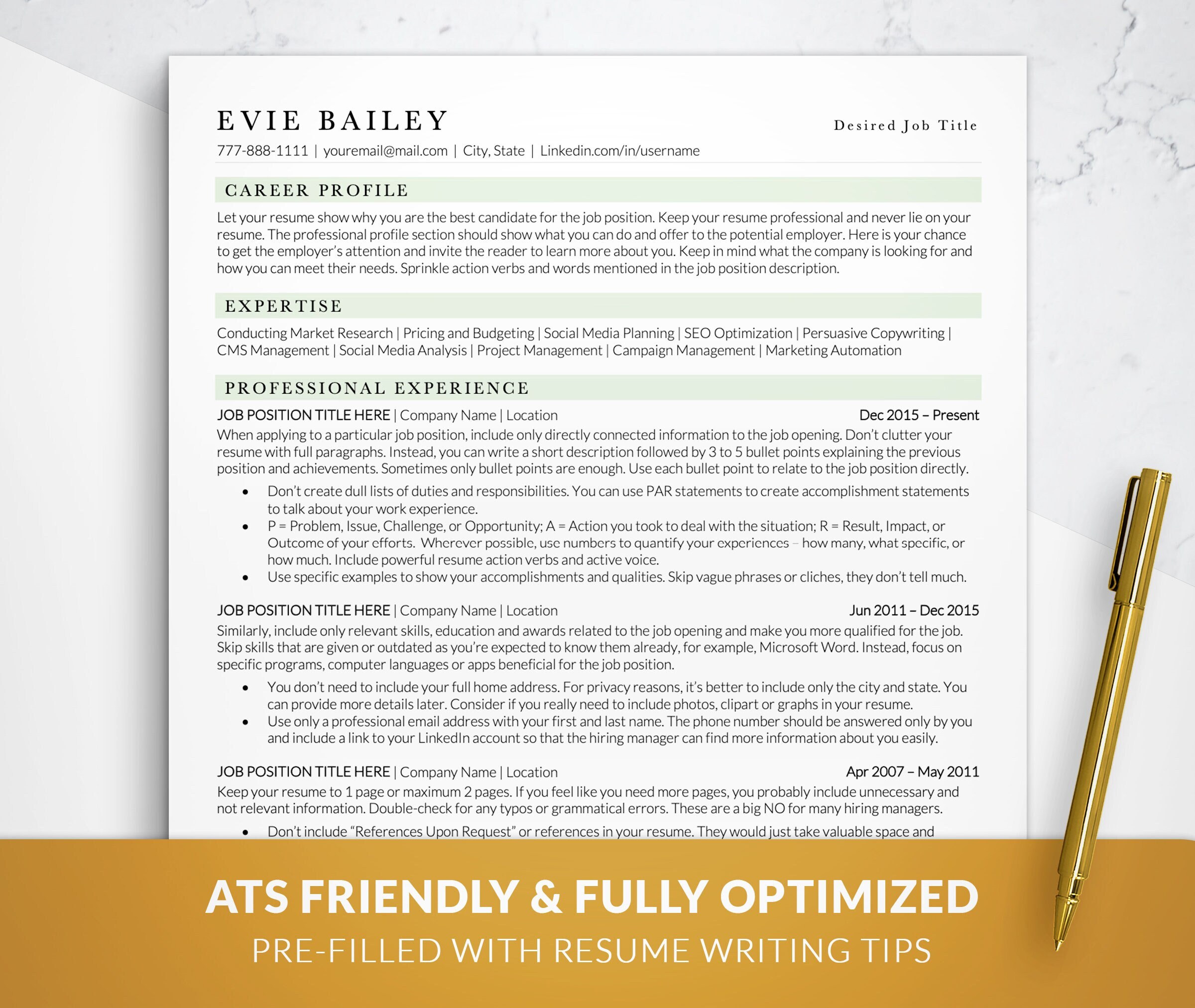 ATS Friendly Resume Template for Word, Apple Mac Pages, Google Docs ...