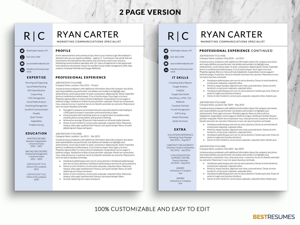 Modern Resume Template Word Professional Business Resume, Two Column ...