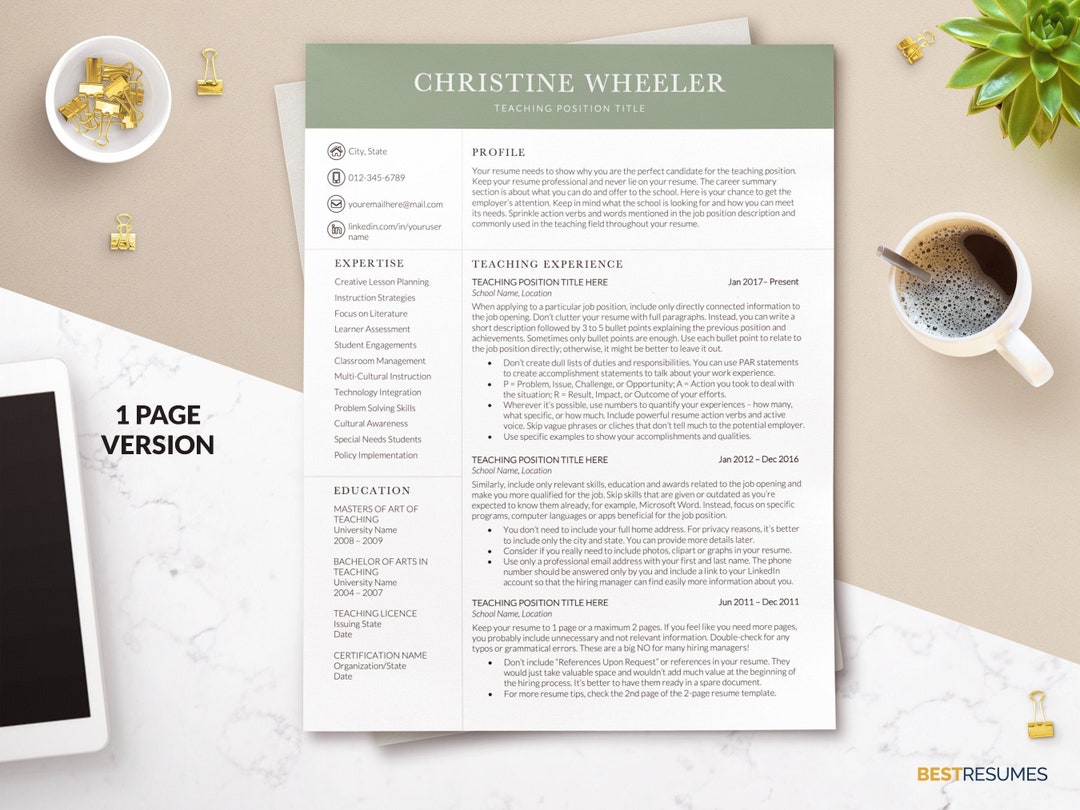 Professional Teacher Resume Template for Word, Modern Resume for ...