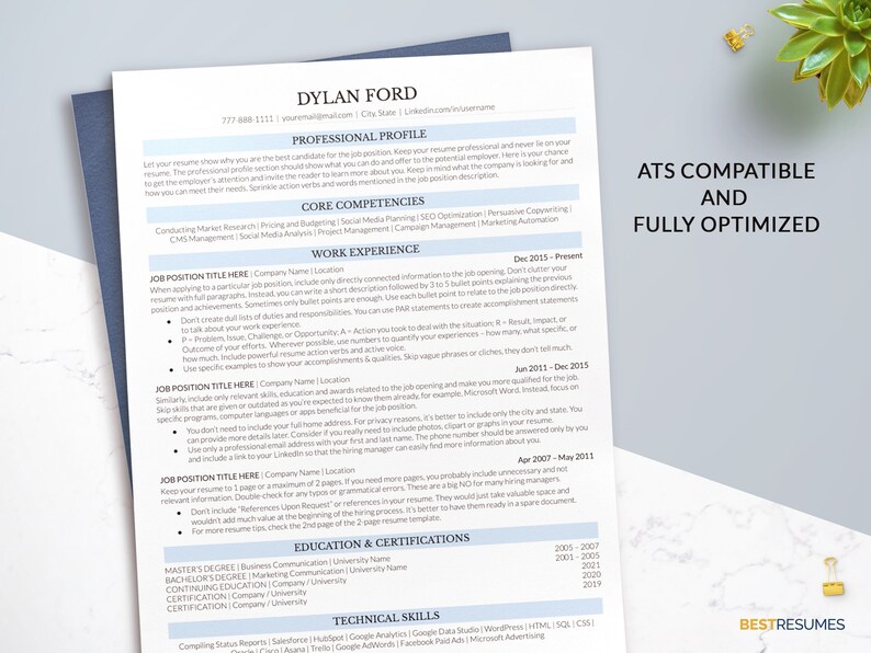 Professional Clean ATS Friendly Resume Template for Google Docs, Word ...