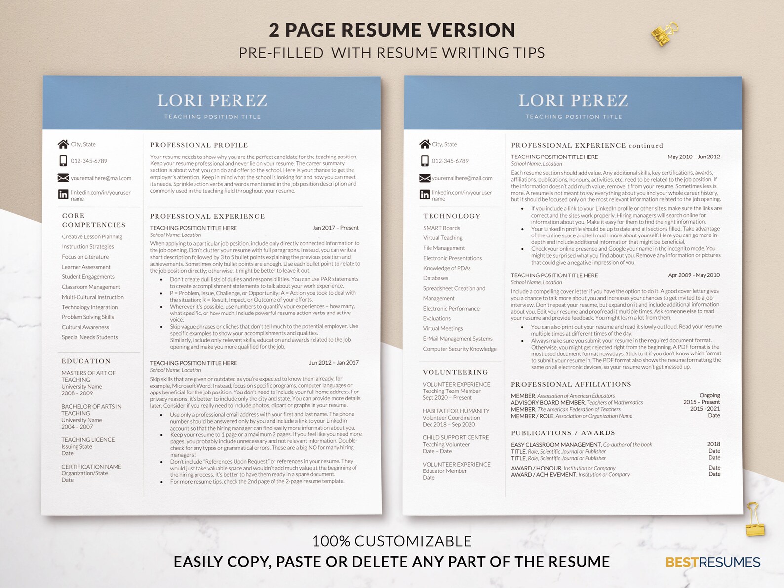 Professional Teaching Resume Template and Teacher Cover Letter, Teacher ...