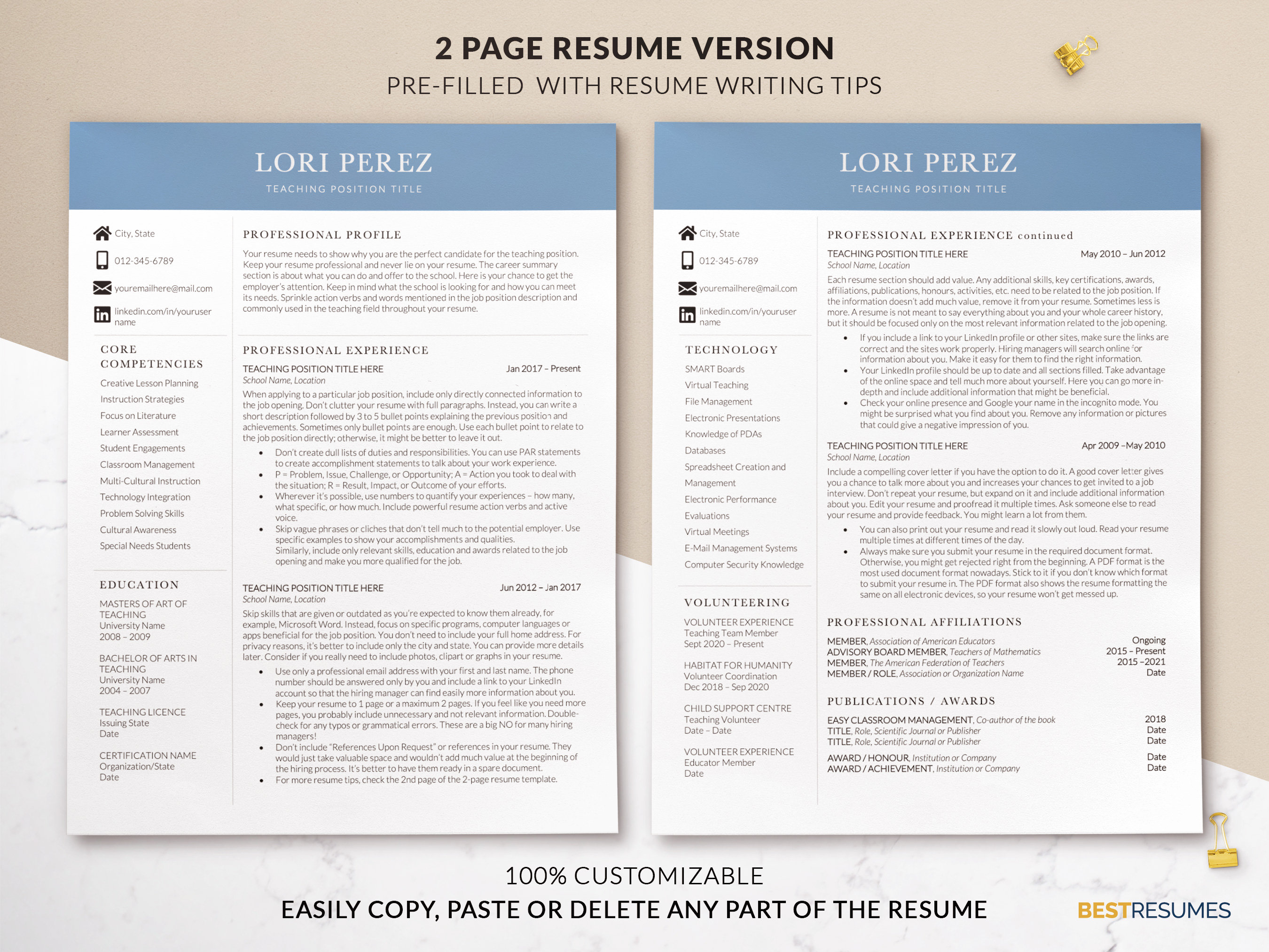 Professional Teaching Resume Template and Teacher Cover Letter, Teacher ...